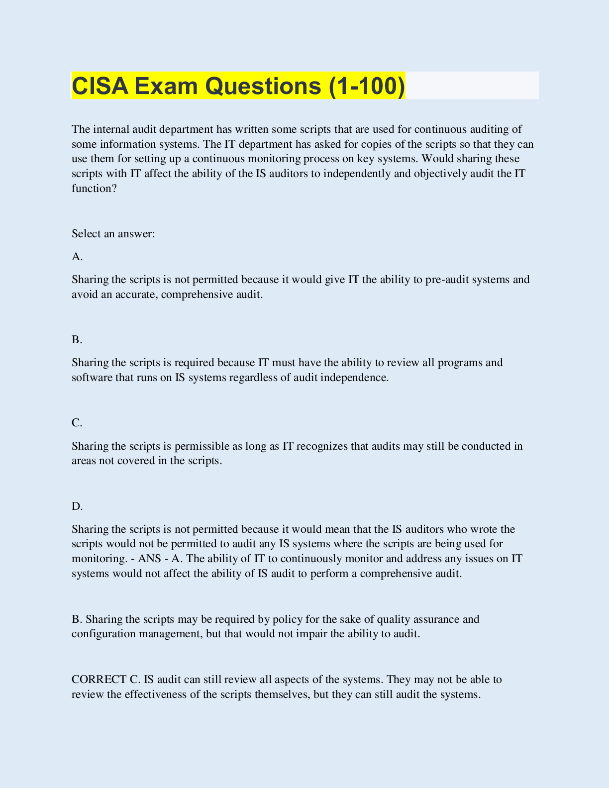 CISA Exam Questions (1-100) | 100 Questions with 100% Correct Answers | Updated & Verified | 93 ...